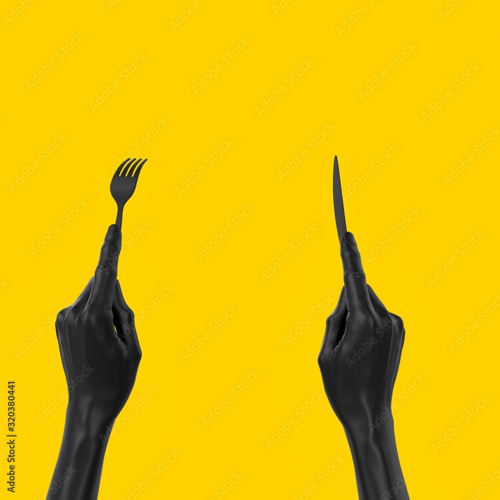 Black hands holding fork and knife, top view 3d rendering. Abstract ...