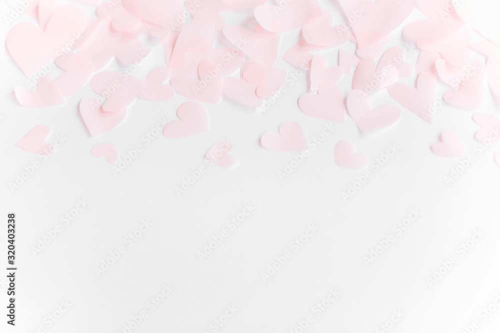 Cute pink pastel hearts border on white paper background with copy ...