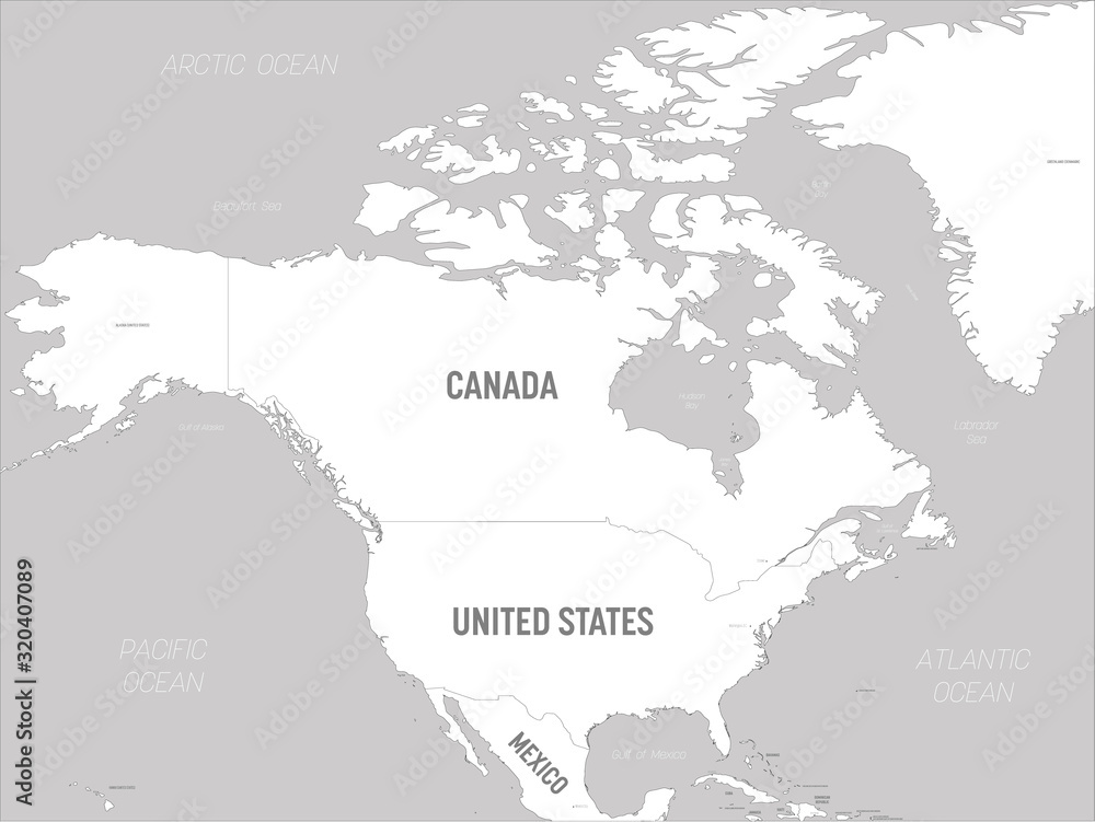 North America map - white lands and grey water. High detailed political ...
