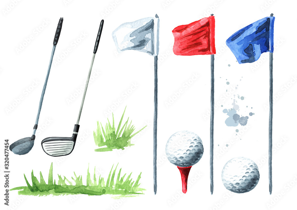 Golf club, flag and ball set. Hand drawn watercolor illustration ...