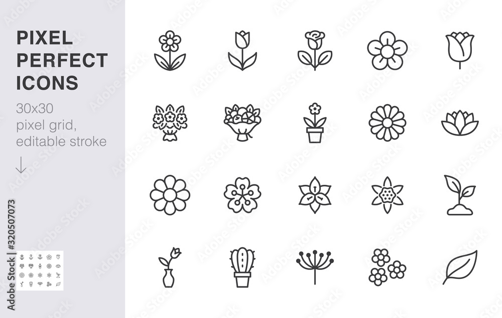 Flower line icon set. Rose, tulip in vase, fruit bouquet, spring ...