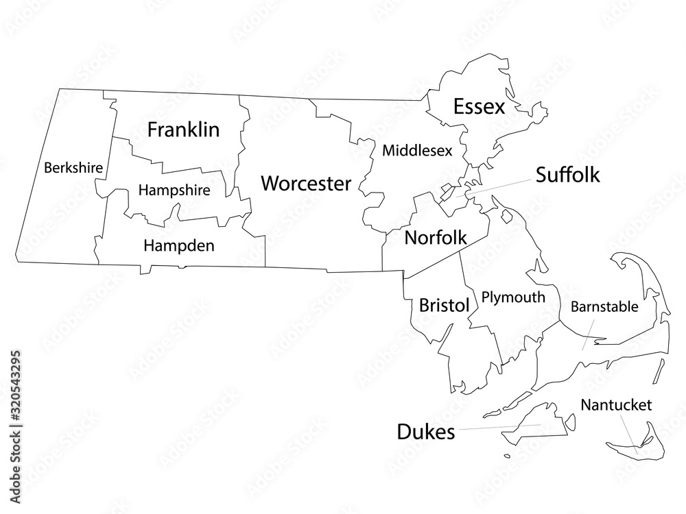 White Outline Counties Map With Counties Names of US State of ...