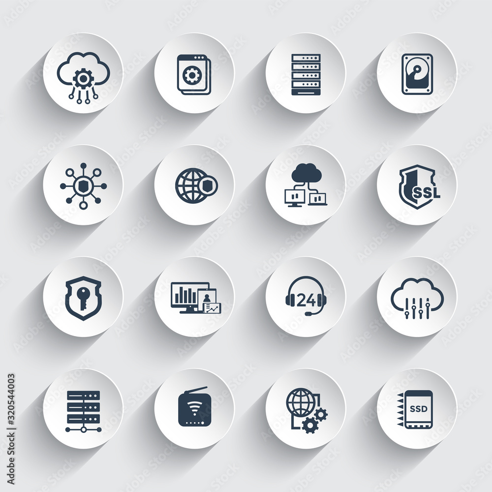 Hosting, servers, network and data storage icons set Stock Vector ...