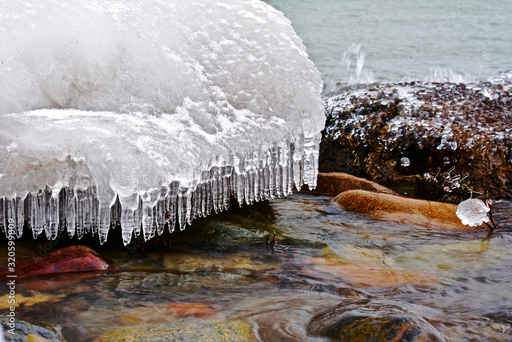 Lake Huron shore ice, icicles, waves and boulders, MacGregor Point ...