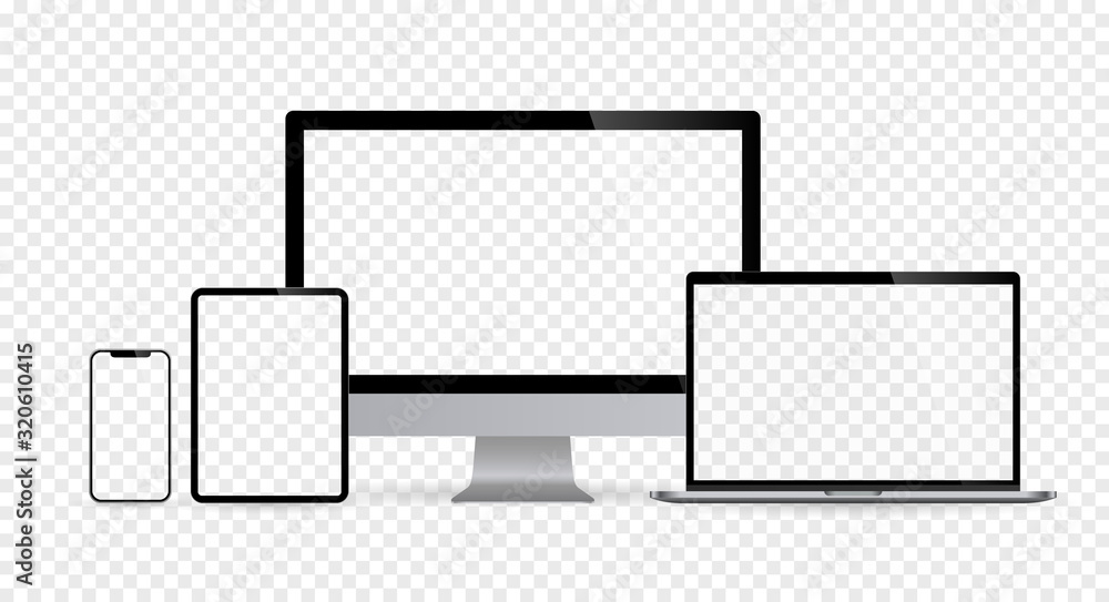 Realistic set of computer monitors desktop laptop tablet and phone with ...