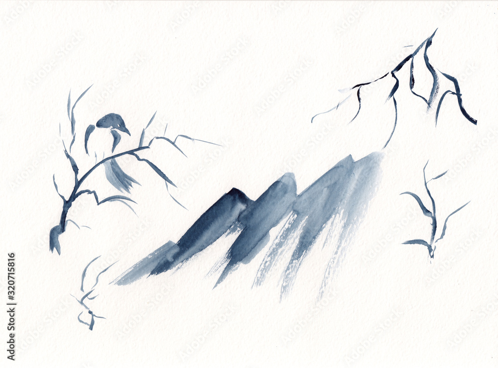 Ilustración de Stock Watercolor landscape of mountain peaks with tree ...