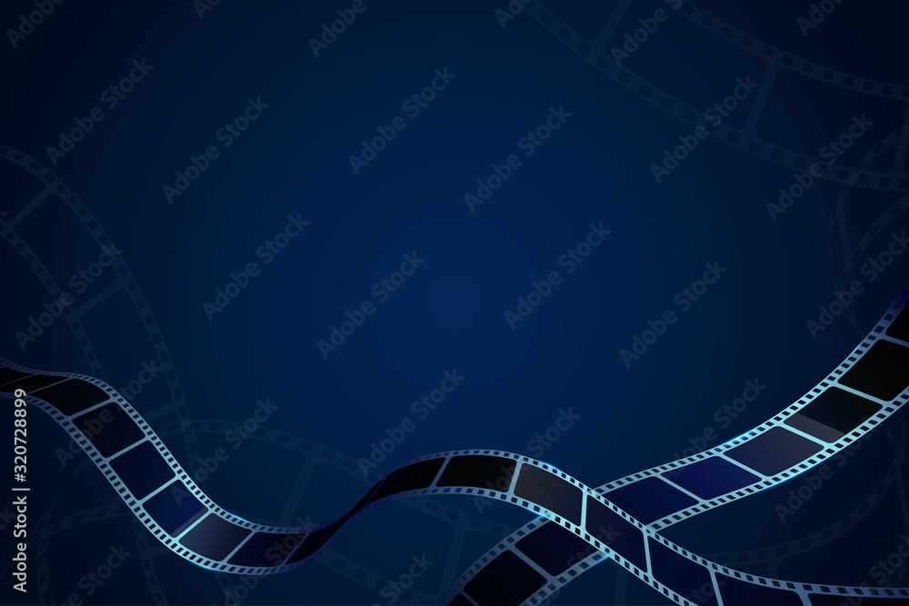 Modern cinema background. Realistic film strips in perspective wave ...