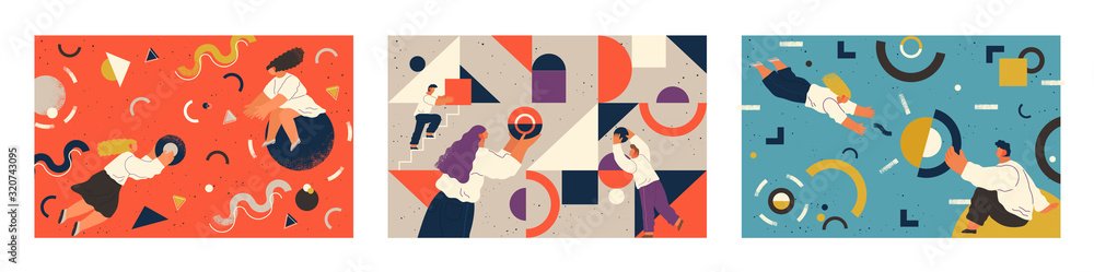People working together concept, man and woman with geometric shapes ...