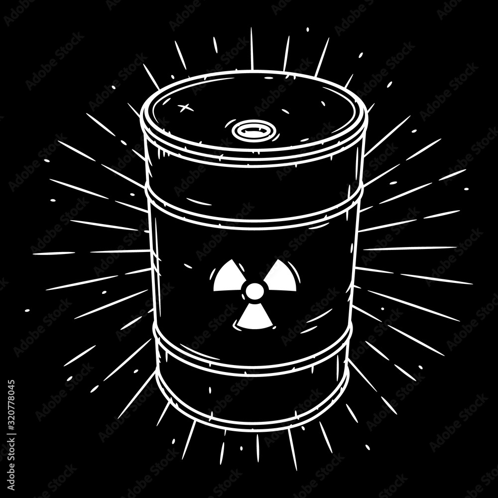 Barrel with radioactive waste. Hand drawn vector illustration with ...