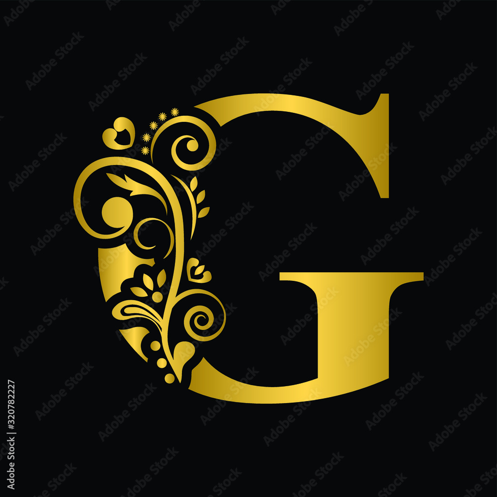 Gold letter G. Vintage golden flower ornament initial letters. Alphabet ...