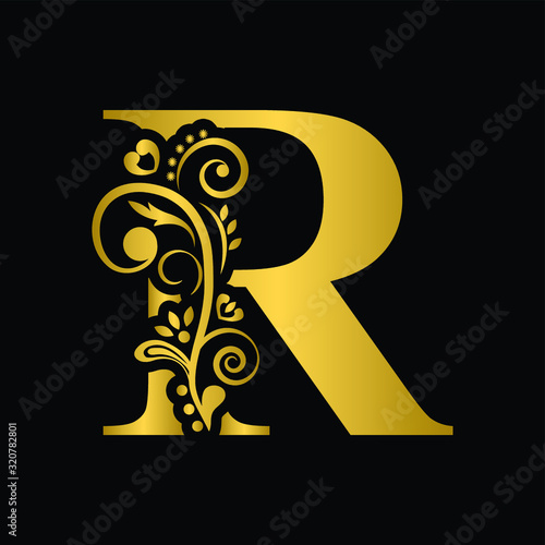 Gold letter R. Vintage golden flower ornament initial letters. Alphabet ...