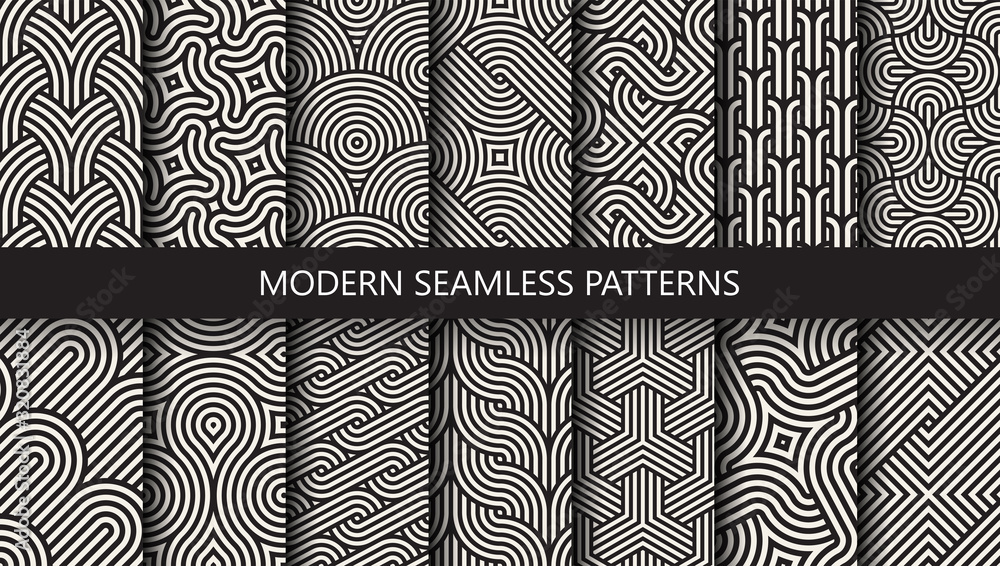 Vector set of 14 geometric linear patterns. Collection of seamless ...