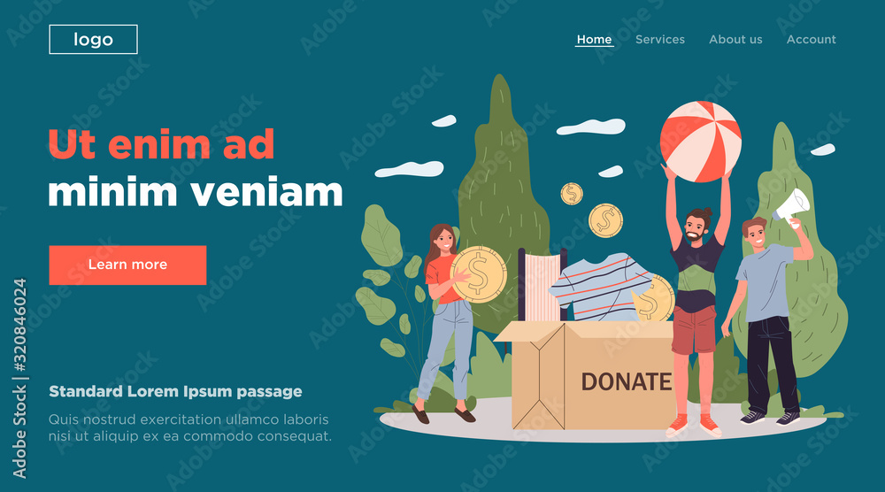 Positive young people donating money, clothes. Volunteers packing ...