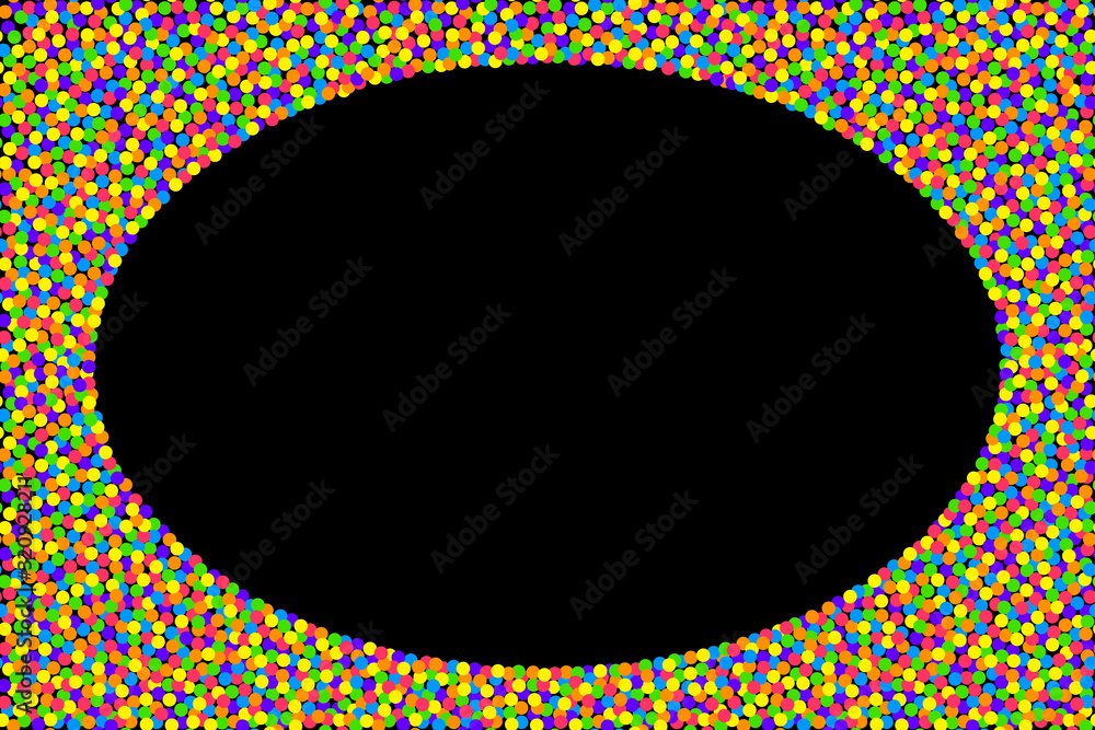 Colorful confetti frame on black background. Small dots in bold and ...