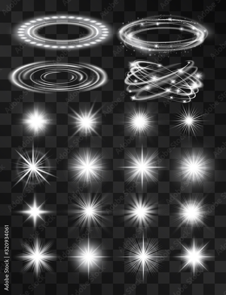 Swirl light effects, burning explosion stars isolated on transparent ...