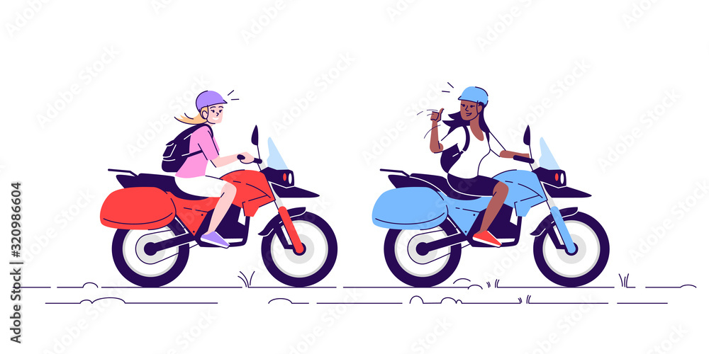 Vetor Two women on motorcycles flat doodle illustration. Tourists ...