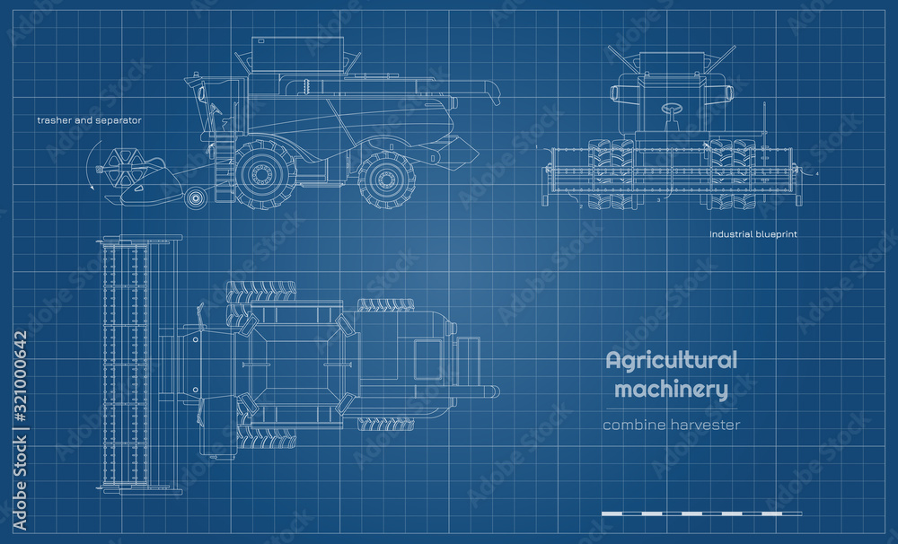 Outline blueprint of combine harvester. Side, front and top view of ...