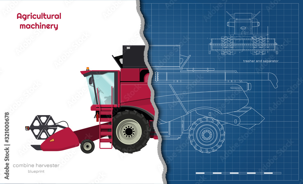 Outline blueprint of combine harvester. Side view of agriculture ...