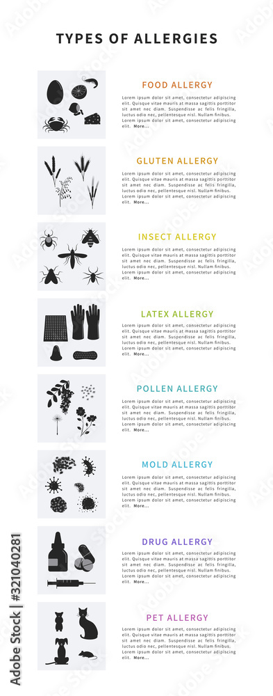 Ilustración de Stock Allergy types infographic set. Information poster ...