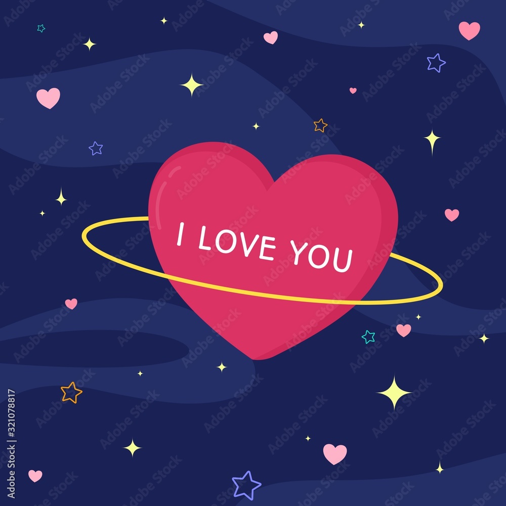 Sweet Valentine’s pink heart shape Saturn in the night sky galaxy with ...