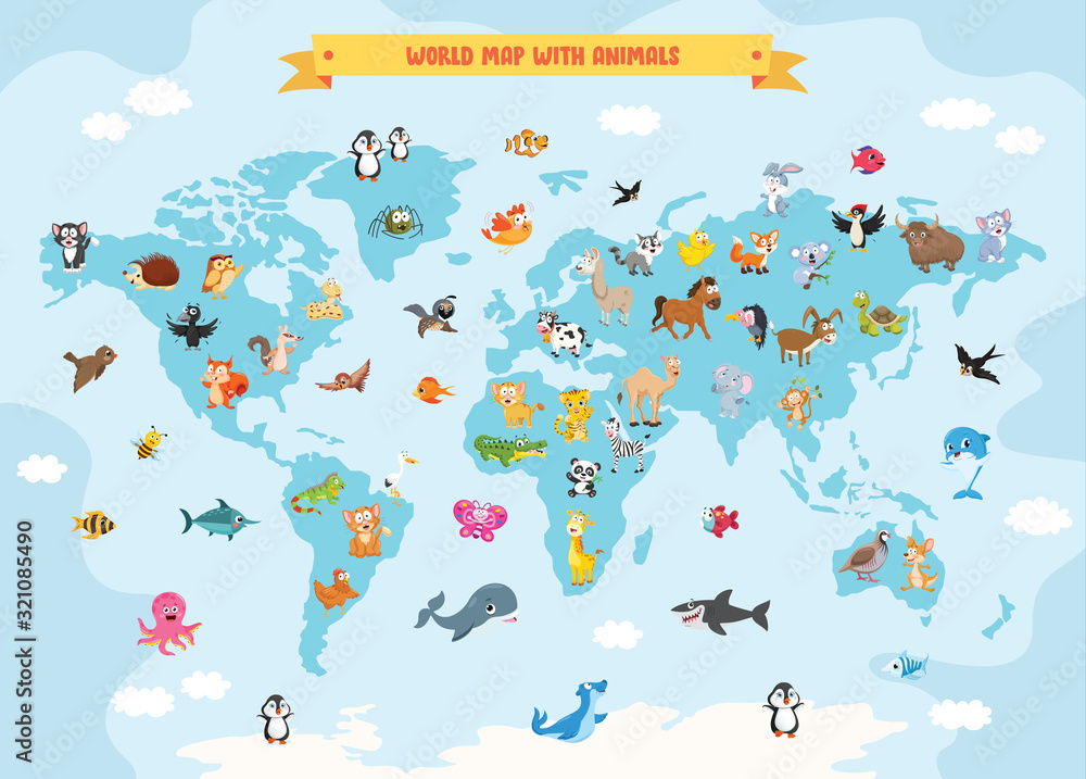 World Map With Cartoon Animals Stock Vector | Adobe Stock