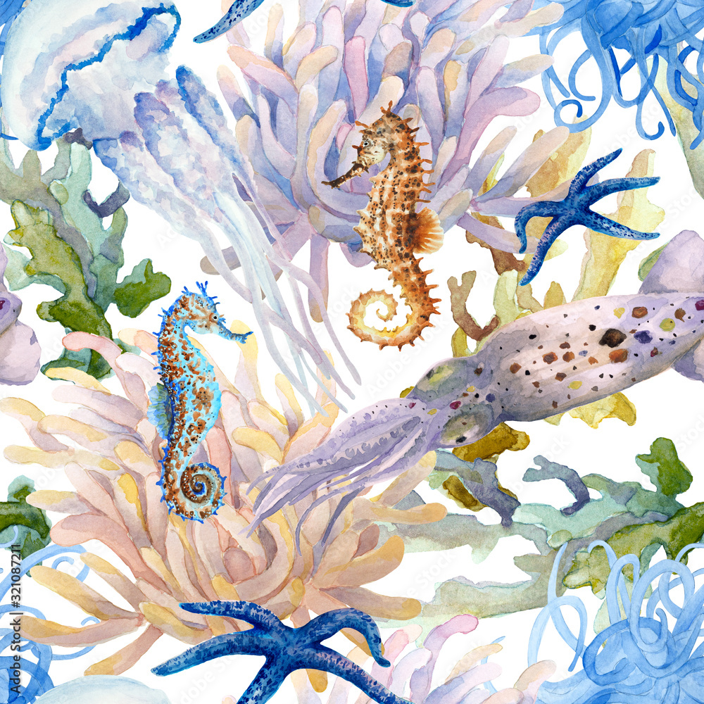 Seamless pattern of a coral, anemones, starfish, squid, jellyfish with ...