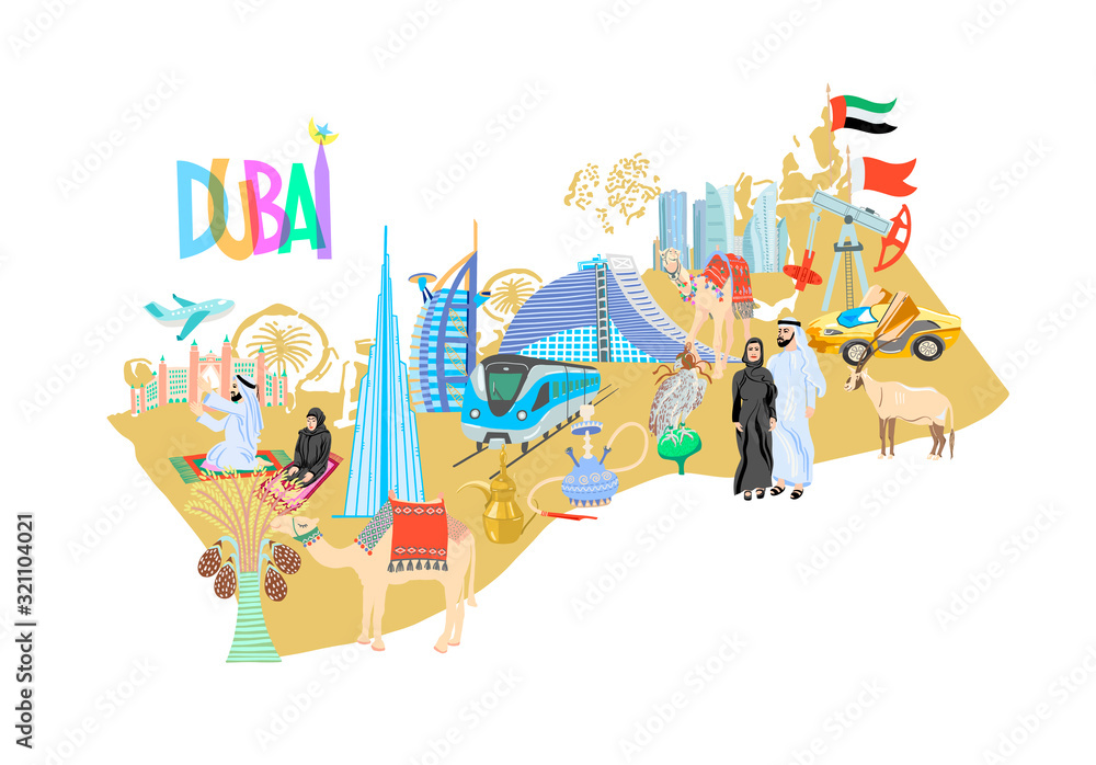 Dubai map with hand drawing icons symbols, United Arab Emirates, Middle ...