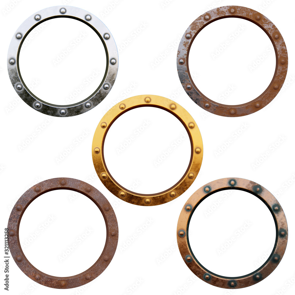 Five different round metal frames isolated on the white background ...