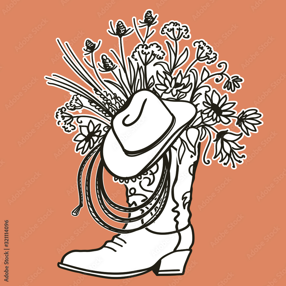 Cowboy boot with Flowers isolated on a white background. Sketch hand ...