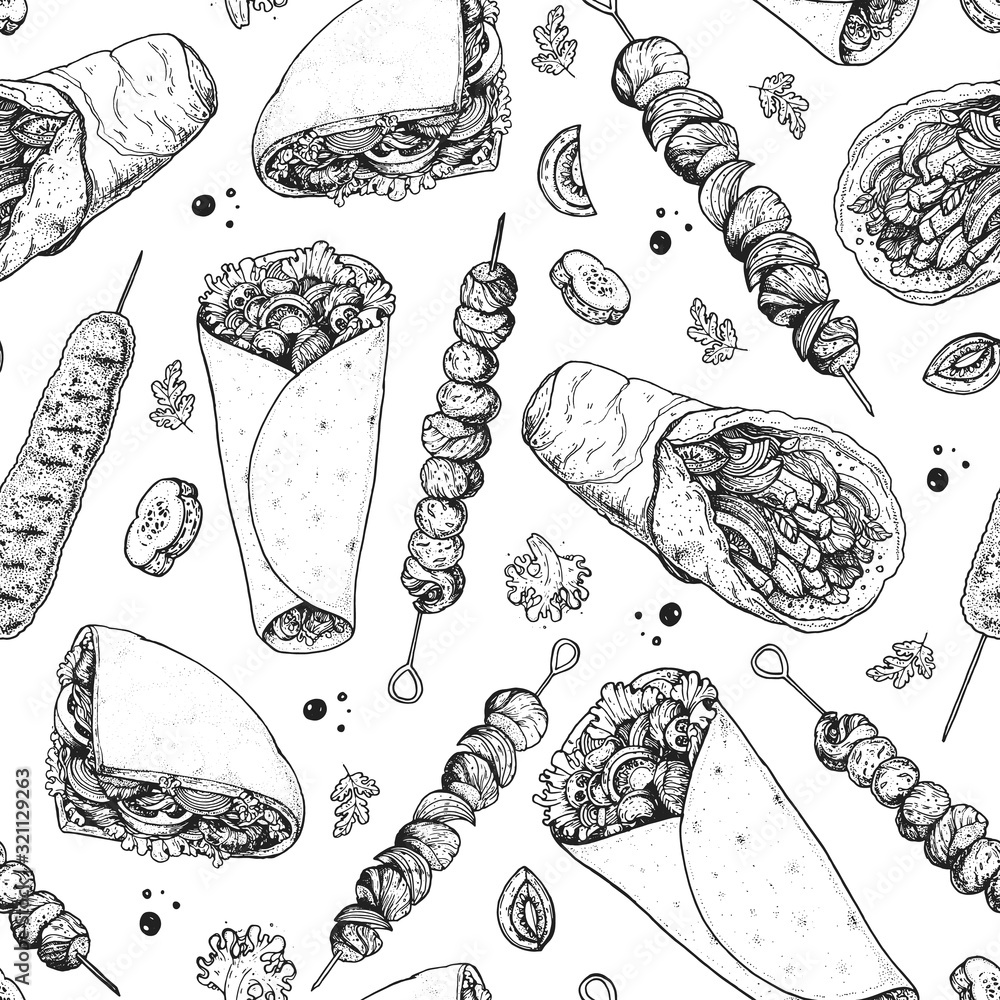 Shawarma hand drawn seamless pattern. Doner kebab cooking and ...