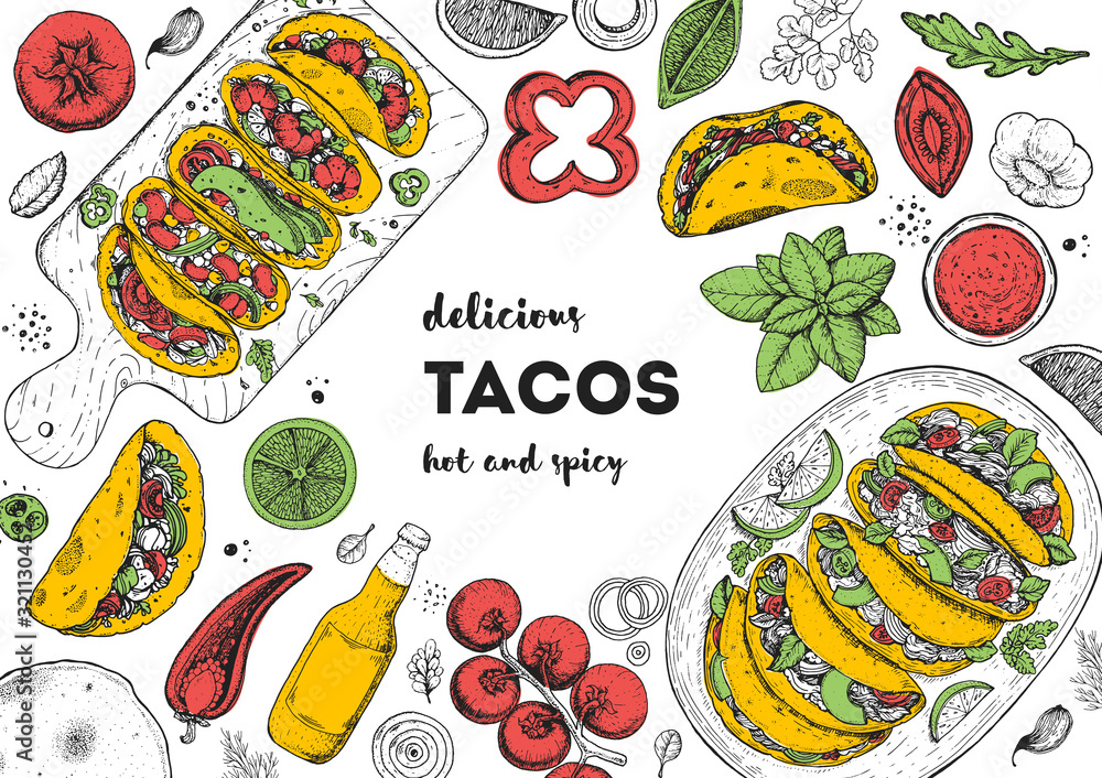 เวกเตอร์ Stock Tacos cooking and ingredients for tacos, sketch ...