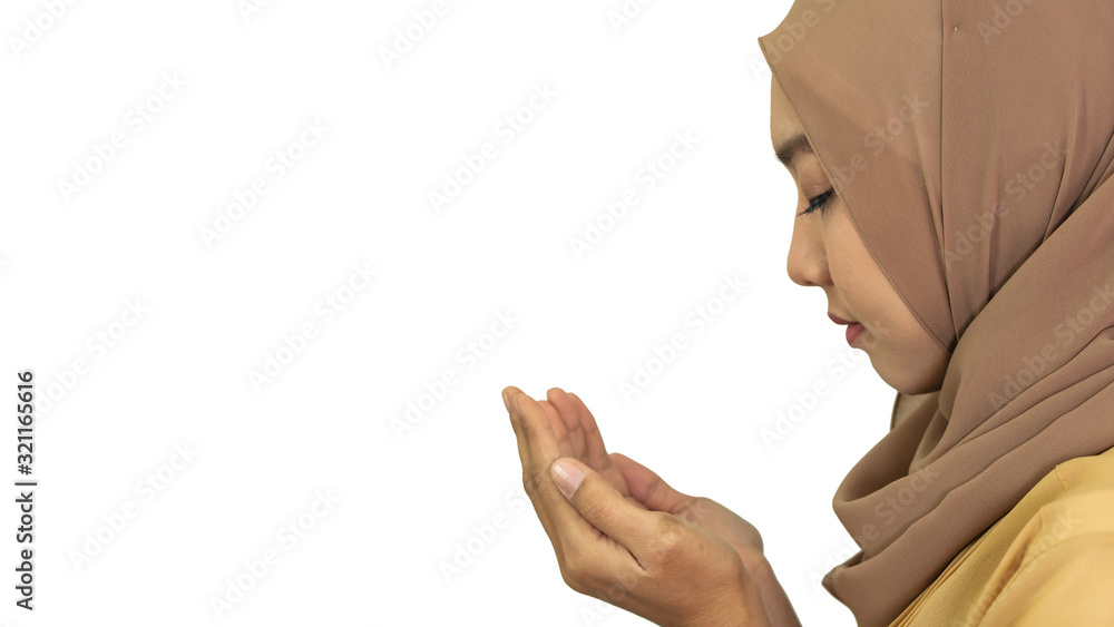 young muslim woman praying dua for allah isolated on white background ...