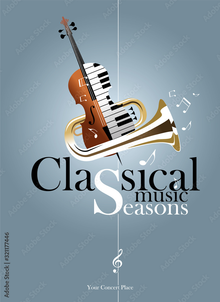 Classical music concert poster design. Cello, piano keys, tuba and ...