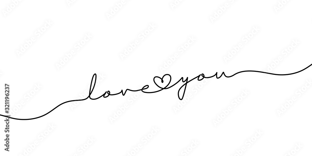 Continuous line drawing of love you text and heart. Love symbol. Vector ...