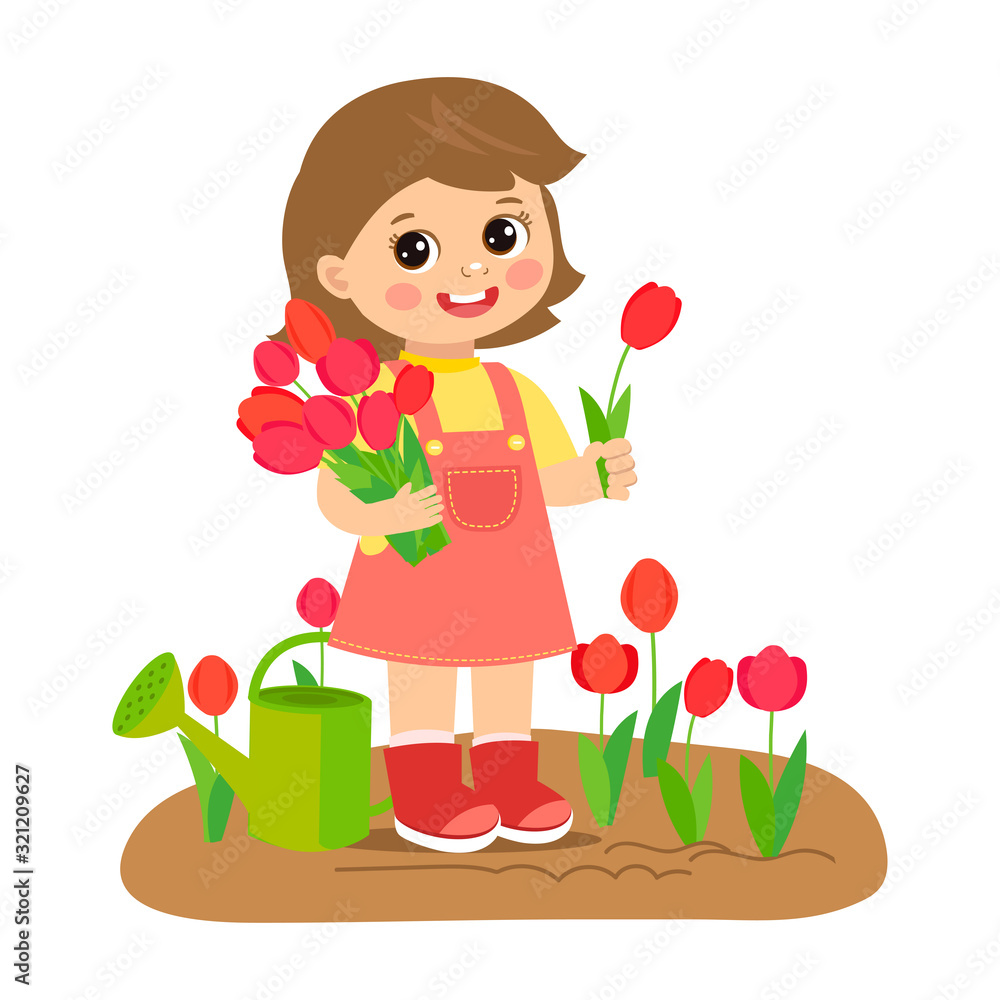 Cute cartoon girl with flower bouquet vector. Young farmer girl with ...