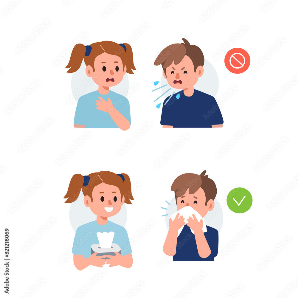Kid Character Sneezing and Coughing Right and Wrong. Medical ...