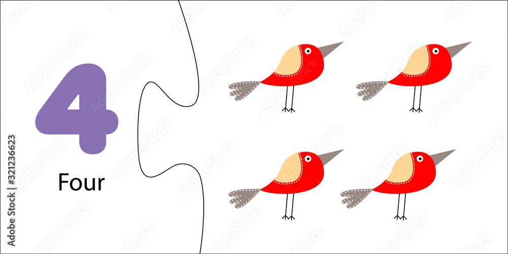 Number four and 4 cute birds on white background. Learning to count ...