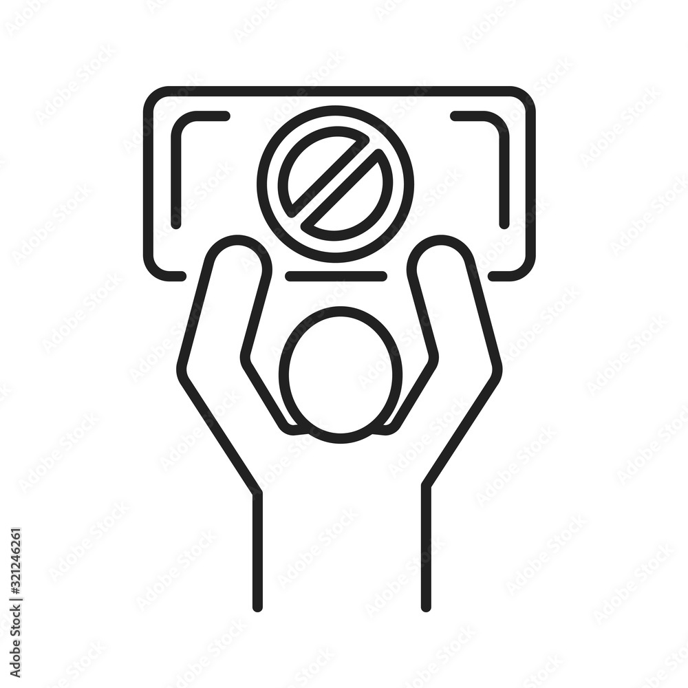 LGBT protest black color line icon. No homofobia. Human holds rainbow ...