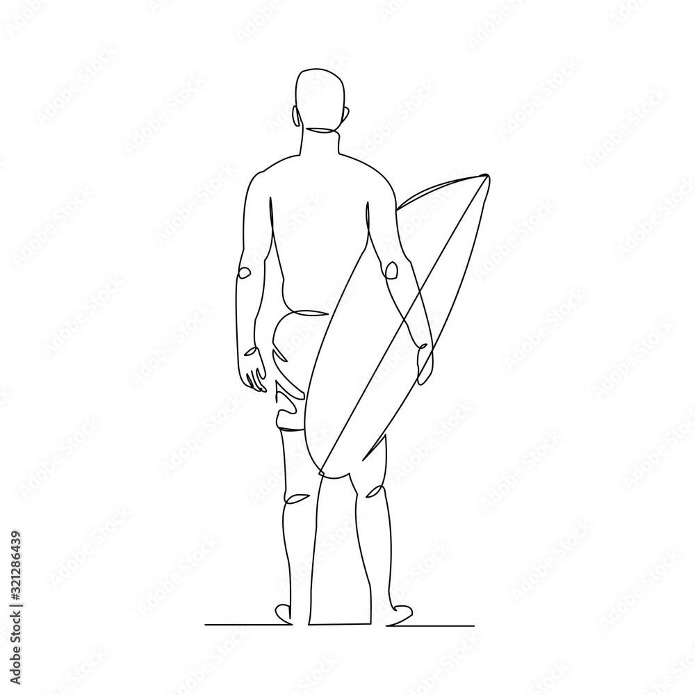 Continuous line drawing of sport man holding surfboard from back view ...