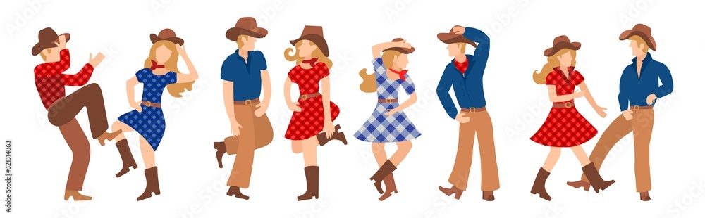 Vector illustration of a group of cowboys and cowgirls in western ...