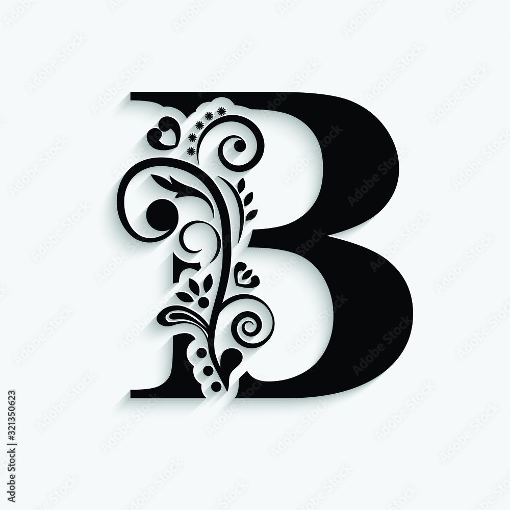 letter B. Black flower alphabet. Beautiful capital letters with shadow ...