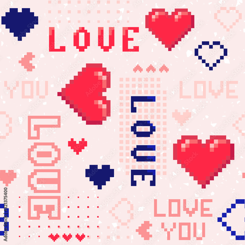 Valentines day seamless pattern in pixel art style. 1980s - 1990s ...