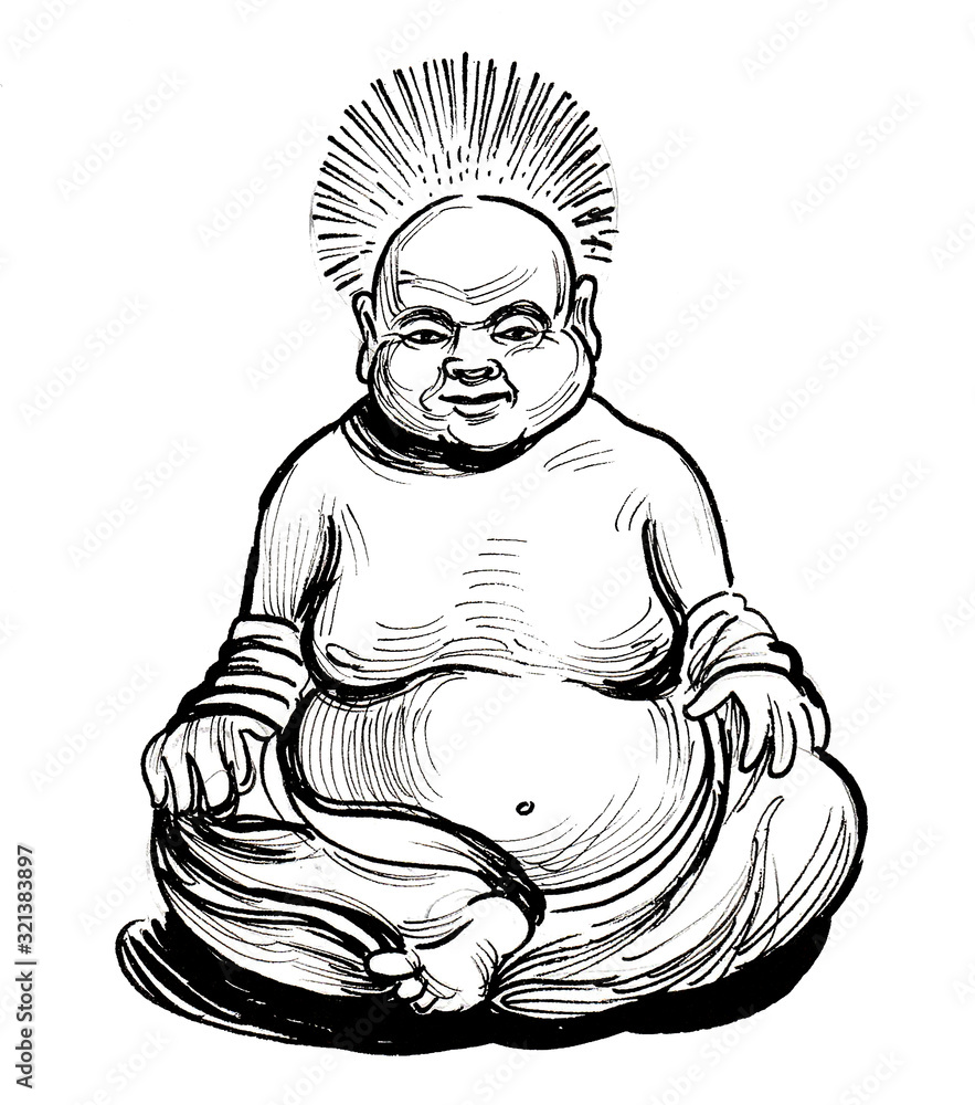 Sitting Buddha. Ink black and white drawing Stock Illustration | Adobe ...