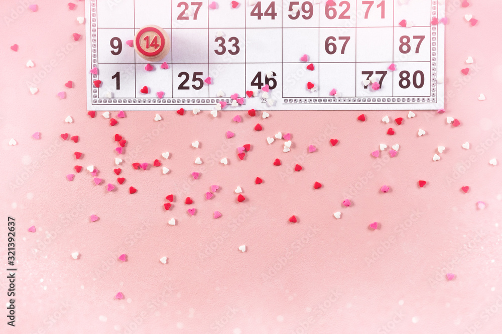 Lotto ticket with wood barrel 14 number on pink hearts background ...