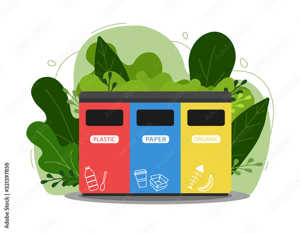 Garbage cans vector flat illustrations. Sorting garbage. Ecology and recycle concept. Colorful ...