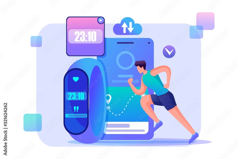 Man runs using a fitness bracelet and tracks his workouts. Flat 2D ...