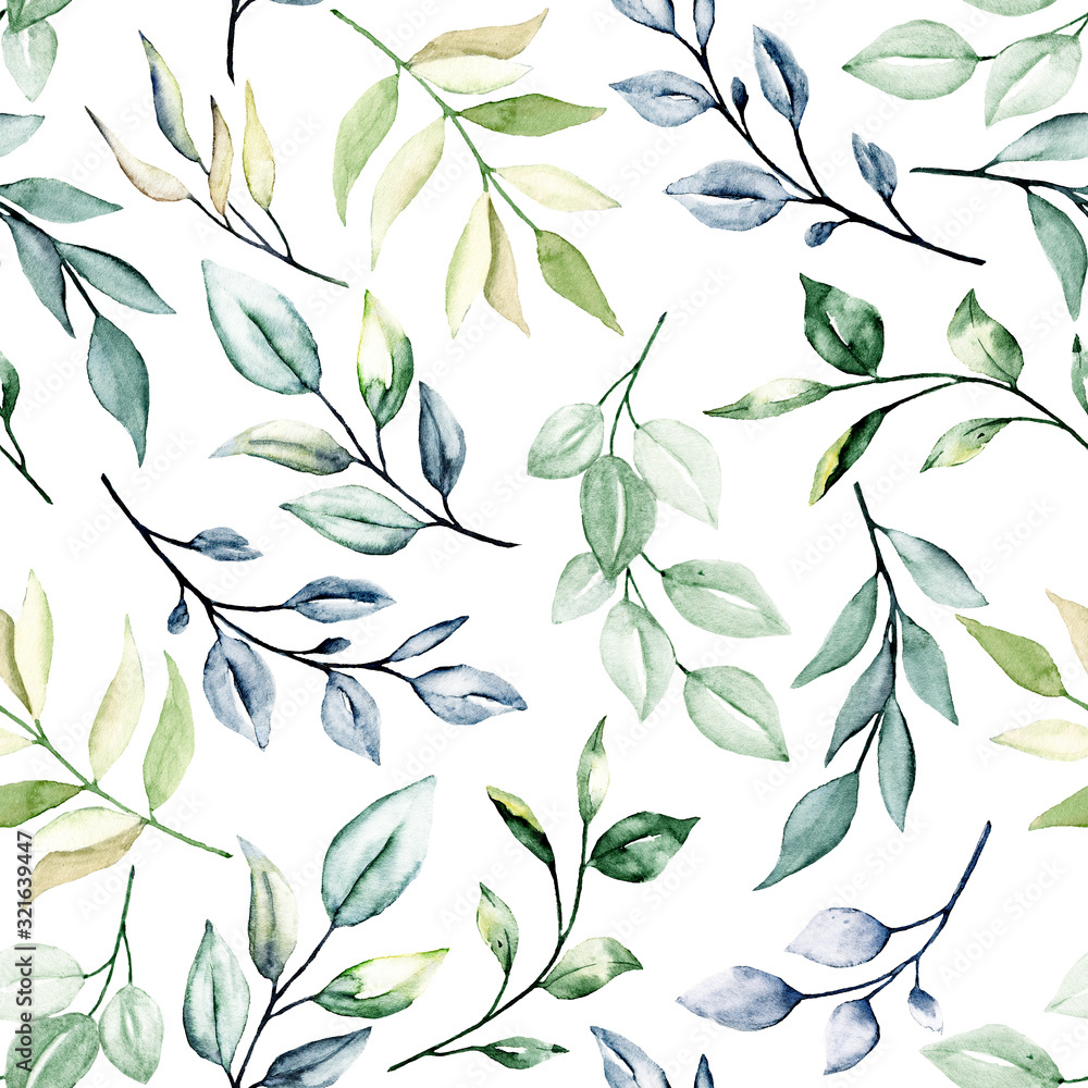 Seamless wallpaper with watercolor green leaf, repeating background ...