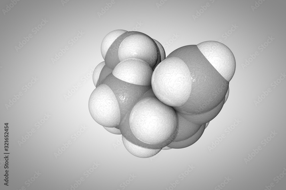 Molecular structure of myrcene. Atoms are represented as spheres with ...