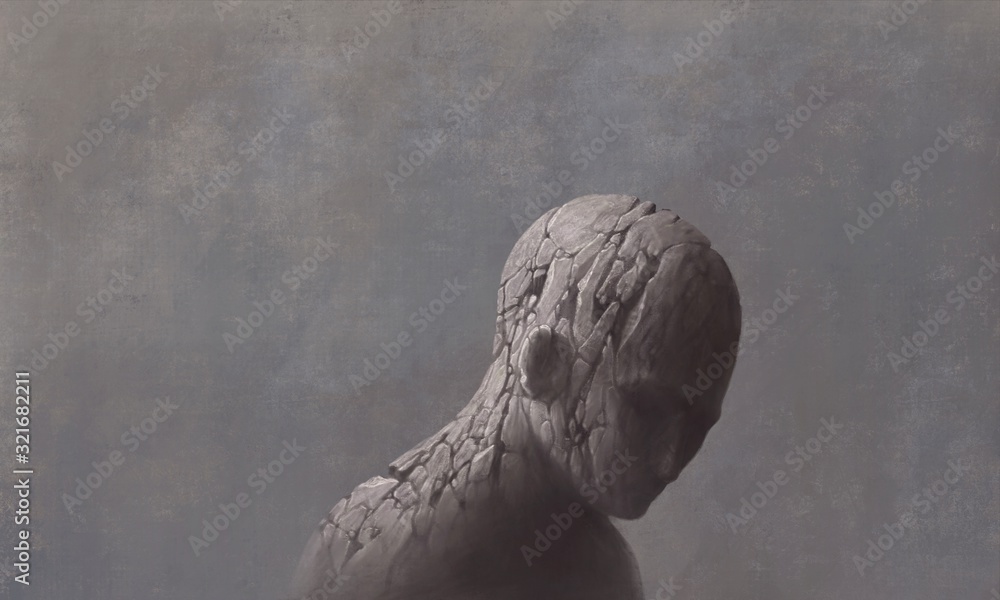 Sad and depressed broken human sculpture surreal painting Stock ...