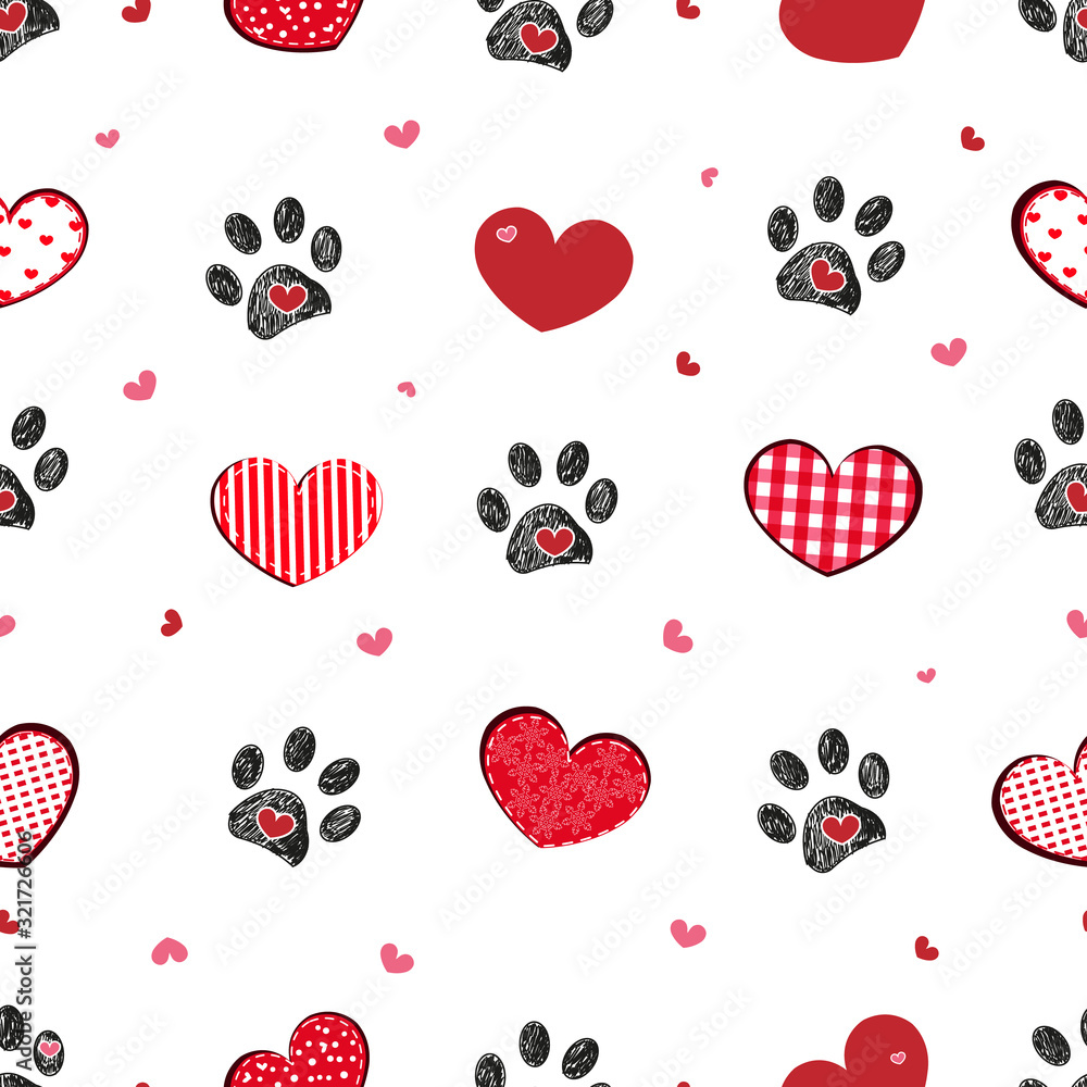Black doodle paw print with retro beautiful hearts. Happy Valentine's ...
